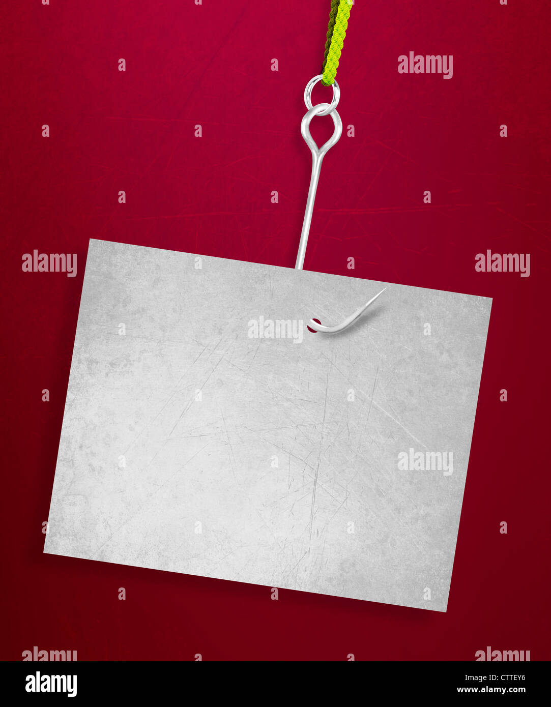 Blank sheet of paper hanging on a fishing hook on red background Stock ...