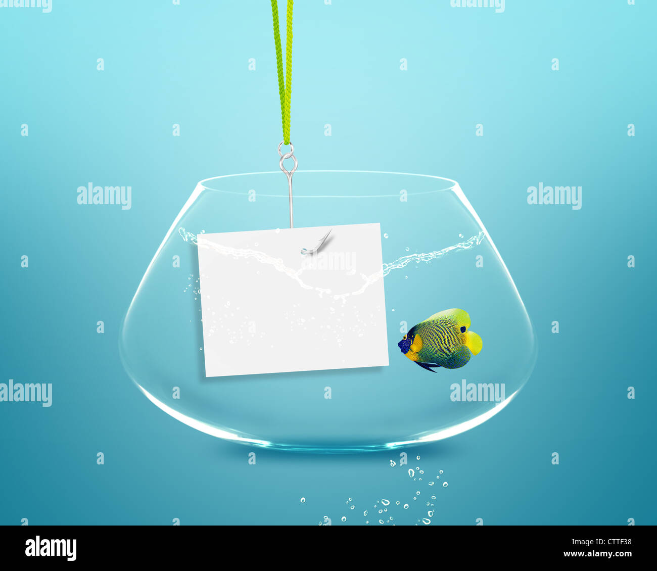 Anglefish in fish bowl with fishhook and note paper Stock Photo - Alamy