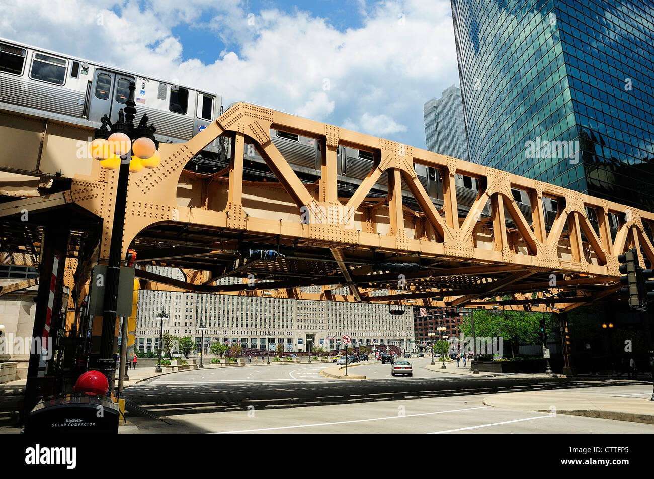 CTA or Chicago Transit Authority or "L" bridge and train over Wacker ...