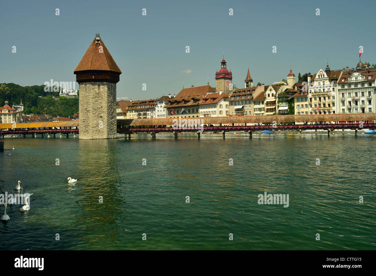 Chapel bridgeand octogonal water tower, Lucerne, Switzerland Stock ...