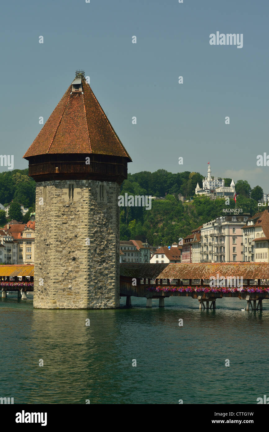 Chapel bridgeand octogonal water tower, Lucerne, Switzerland Stock ...