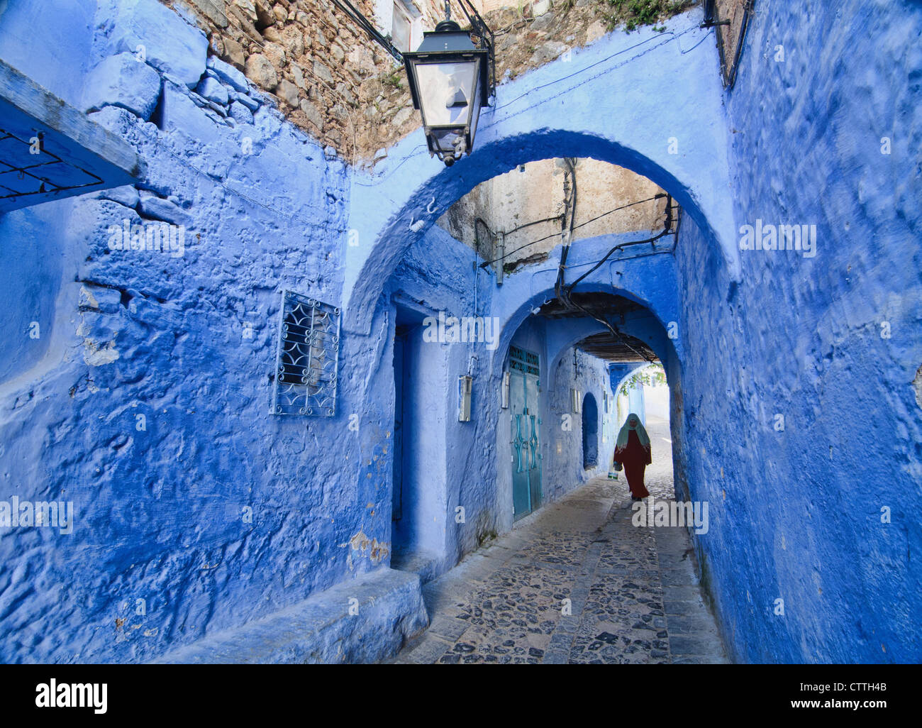 street scene in the atmospheric blue town of Chefchaouen, Morocco Stock ...