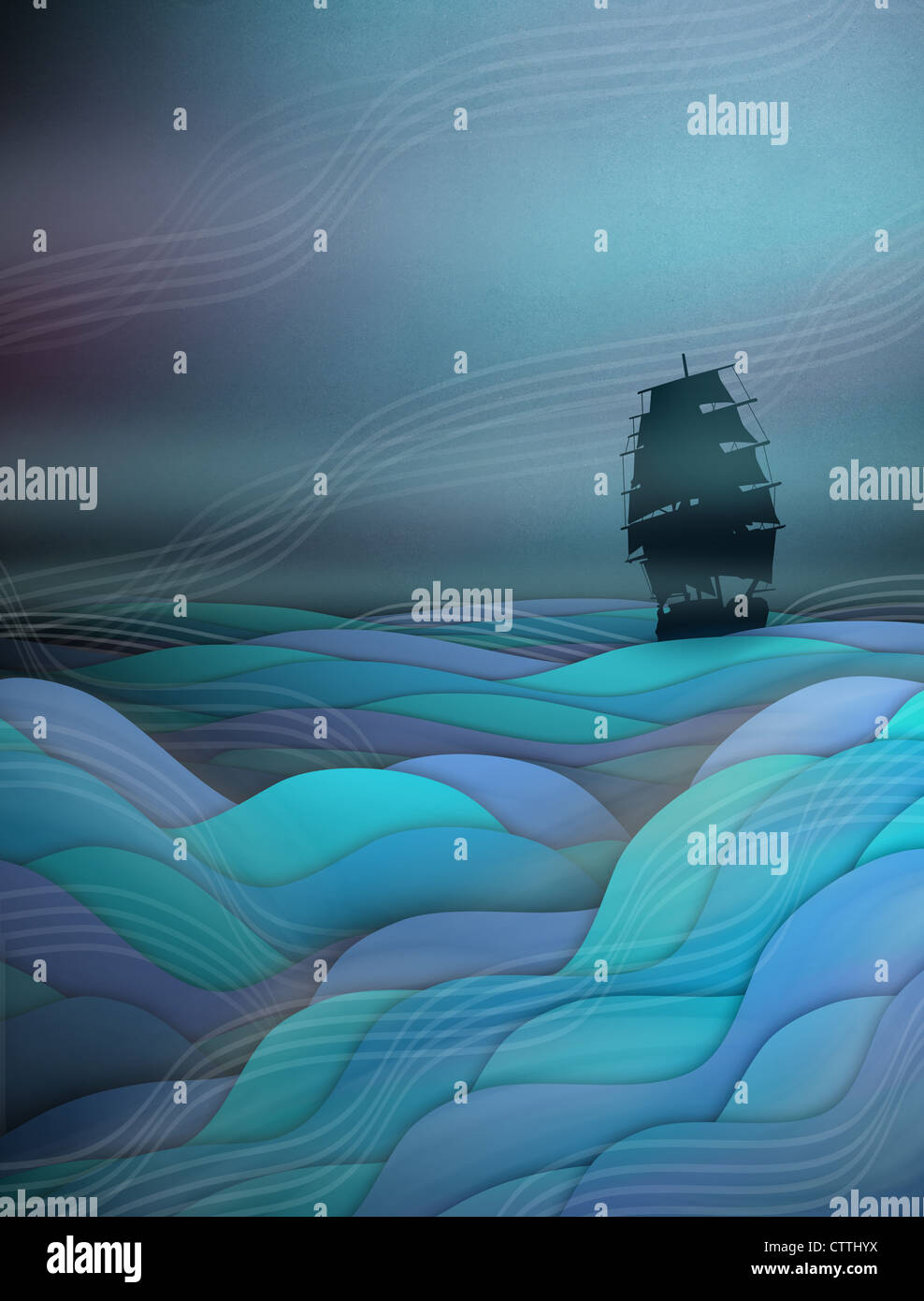 Illustration of paper diorama with stylized waves and black sailing ...