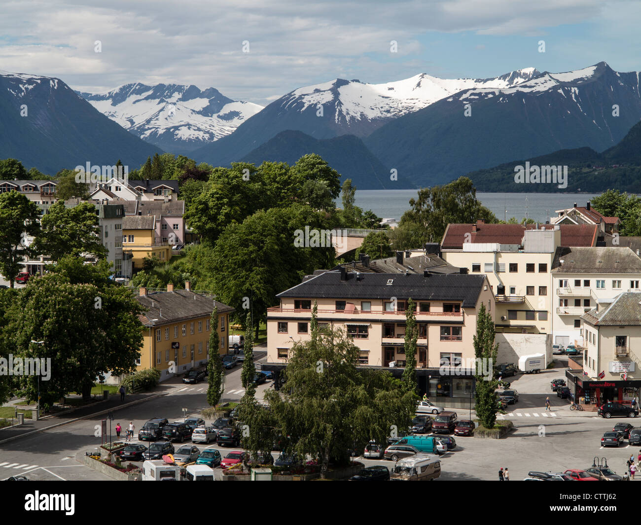 View of Andalsnes waterfront Romsdalsfjord and mountains western Norway ...