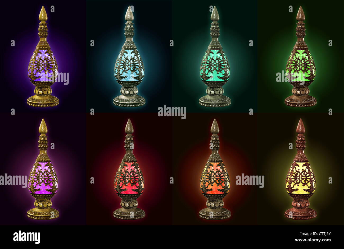 eight bottles in different metal materials and different colors Stock ...