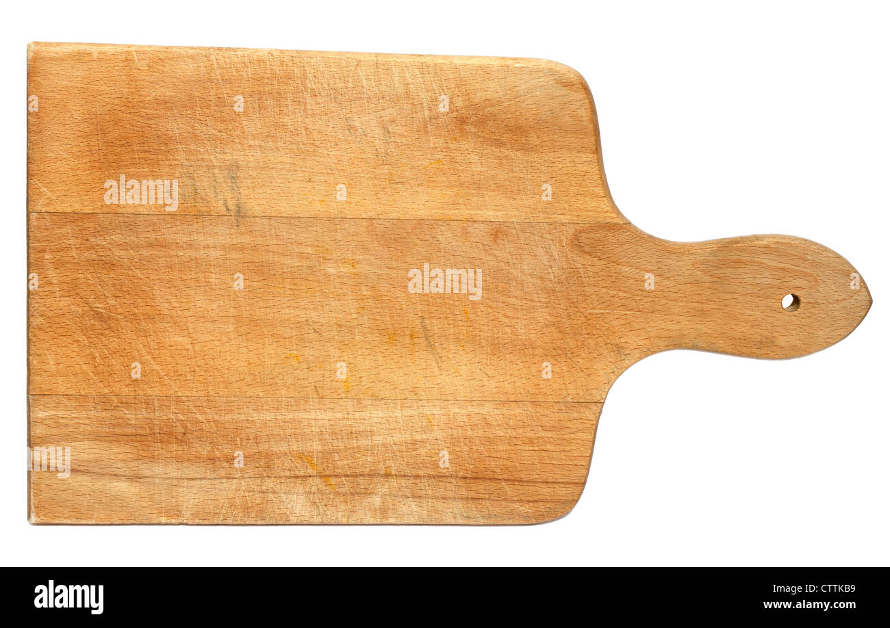 Old heavily used chopping or cutting board on white background Stock ...