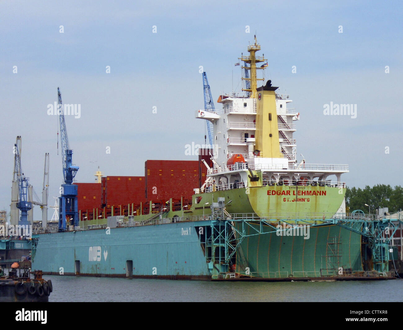 The general cargo ship Edgar Lehmann is seen in a floating drydock in ...