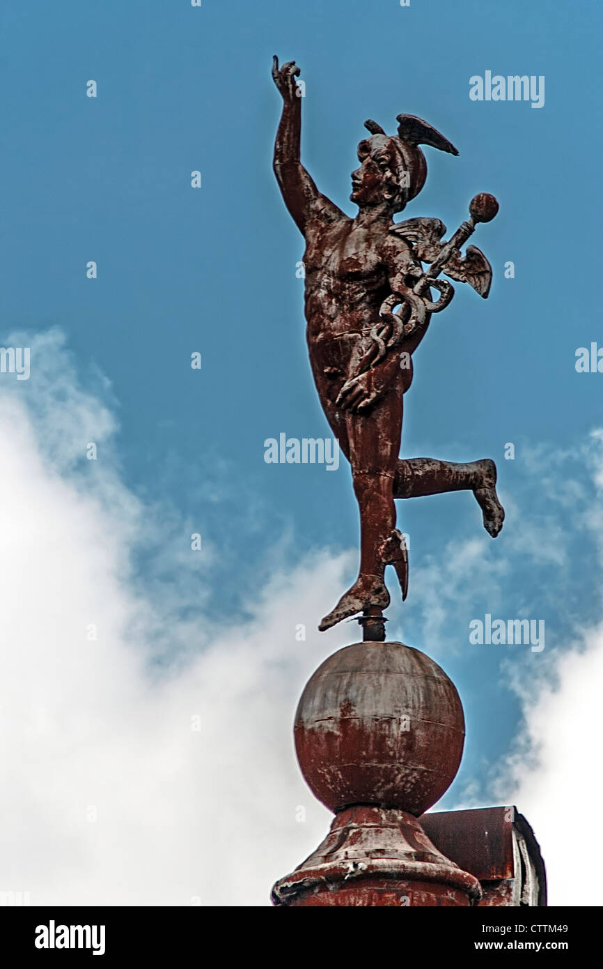 Metal statue located on a historic building from Traian Square ...