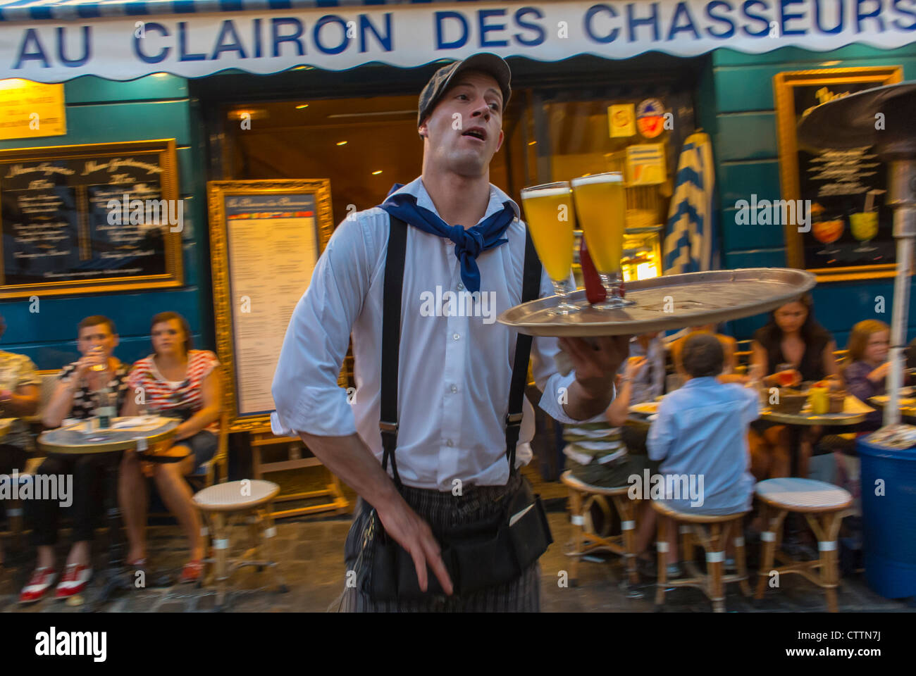 Paris, France, French Waiter Holding Tray, Outside with Tourists in ...