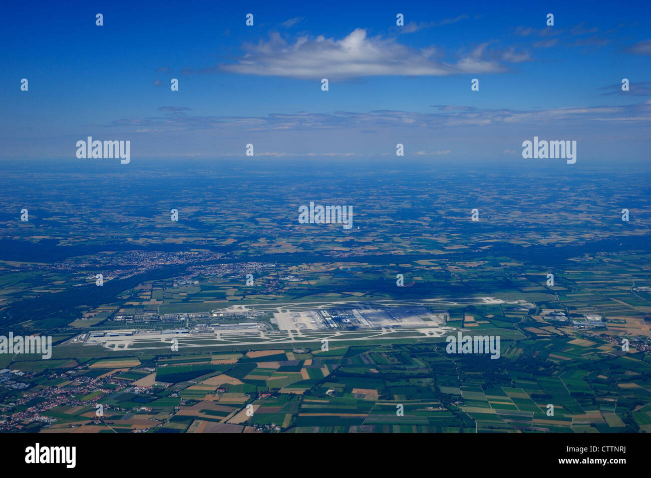 Aerial overview of Munich International airport (MUC) looking towards ...