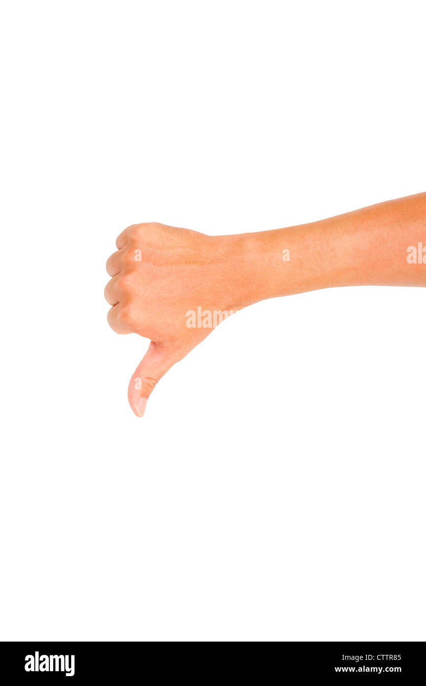 isolated thumbs down male hand on white, for defeated or not good hand ...
