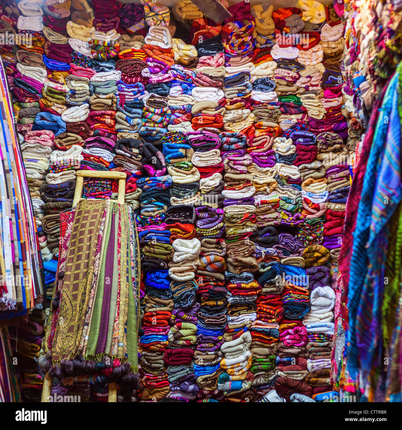 sample exotic fabrics of all colors in a little shop of Marrakesh Stock ...