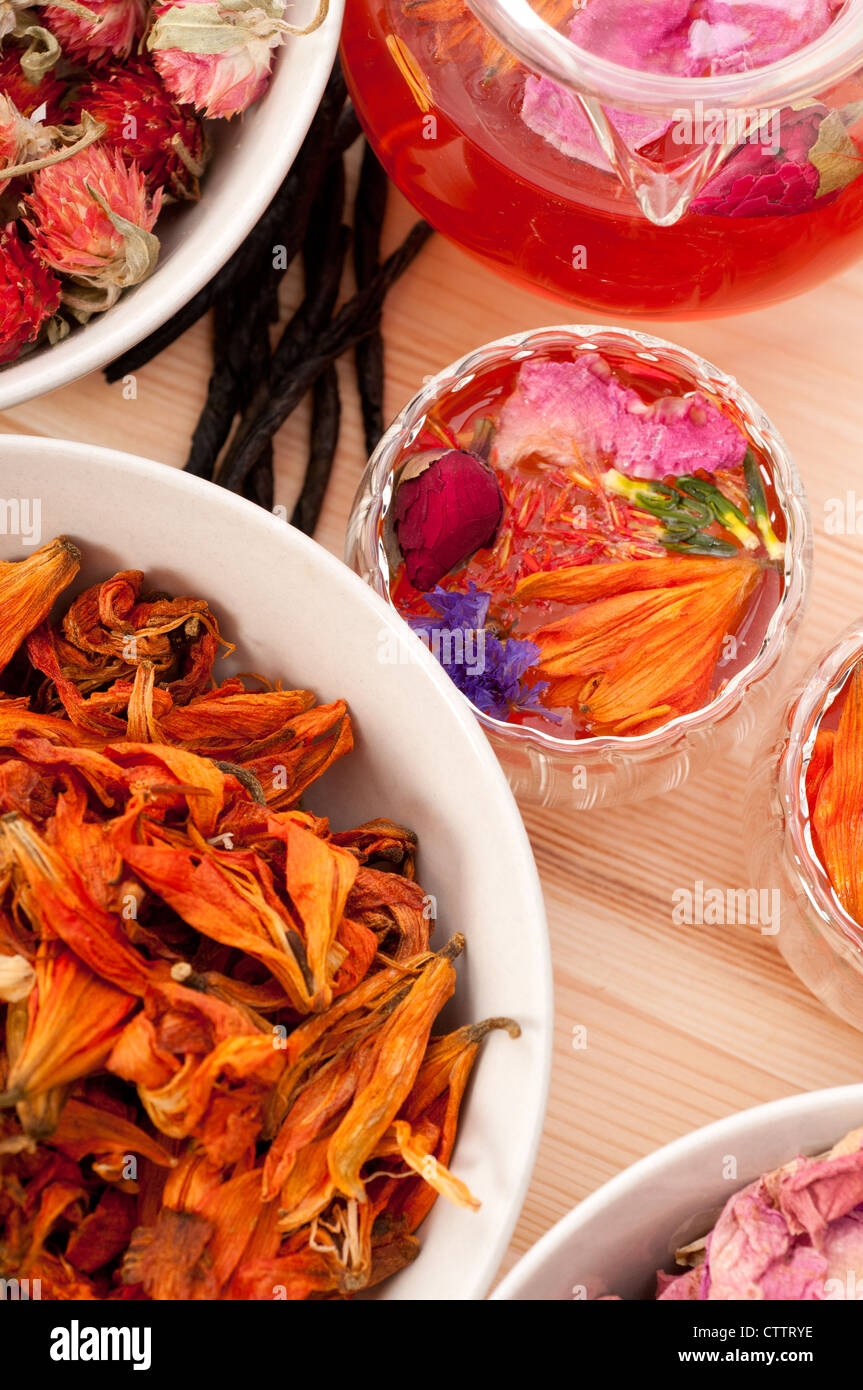 Herbal natural floral tea infusion with dry flowers ingredients Stock ...