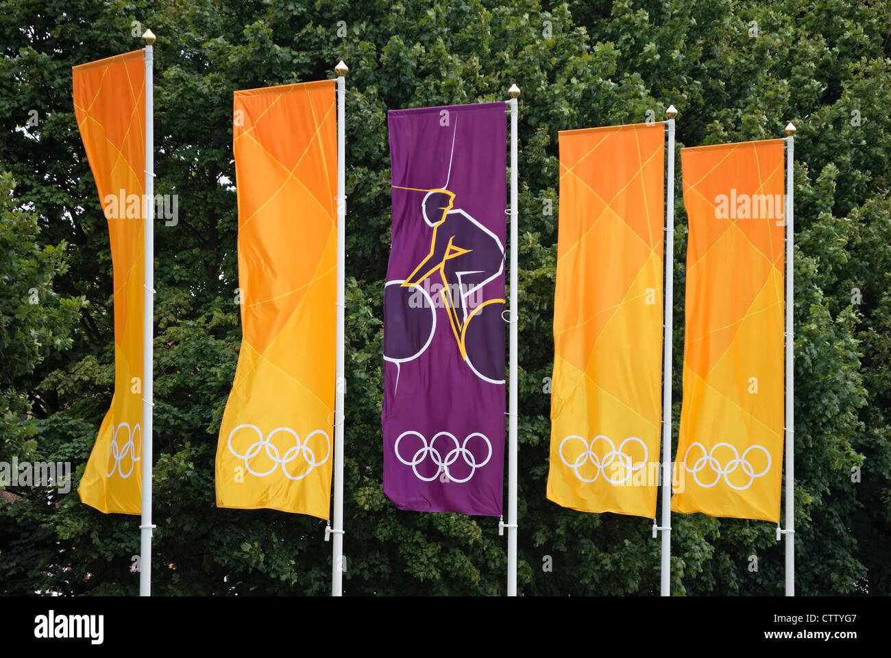 flags marking the london 2012 olympic cycling time trials at hampton ...