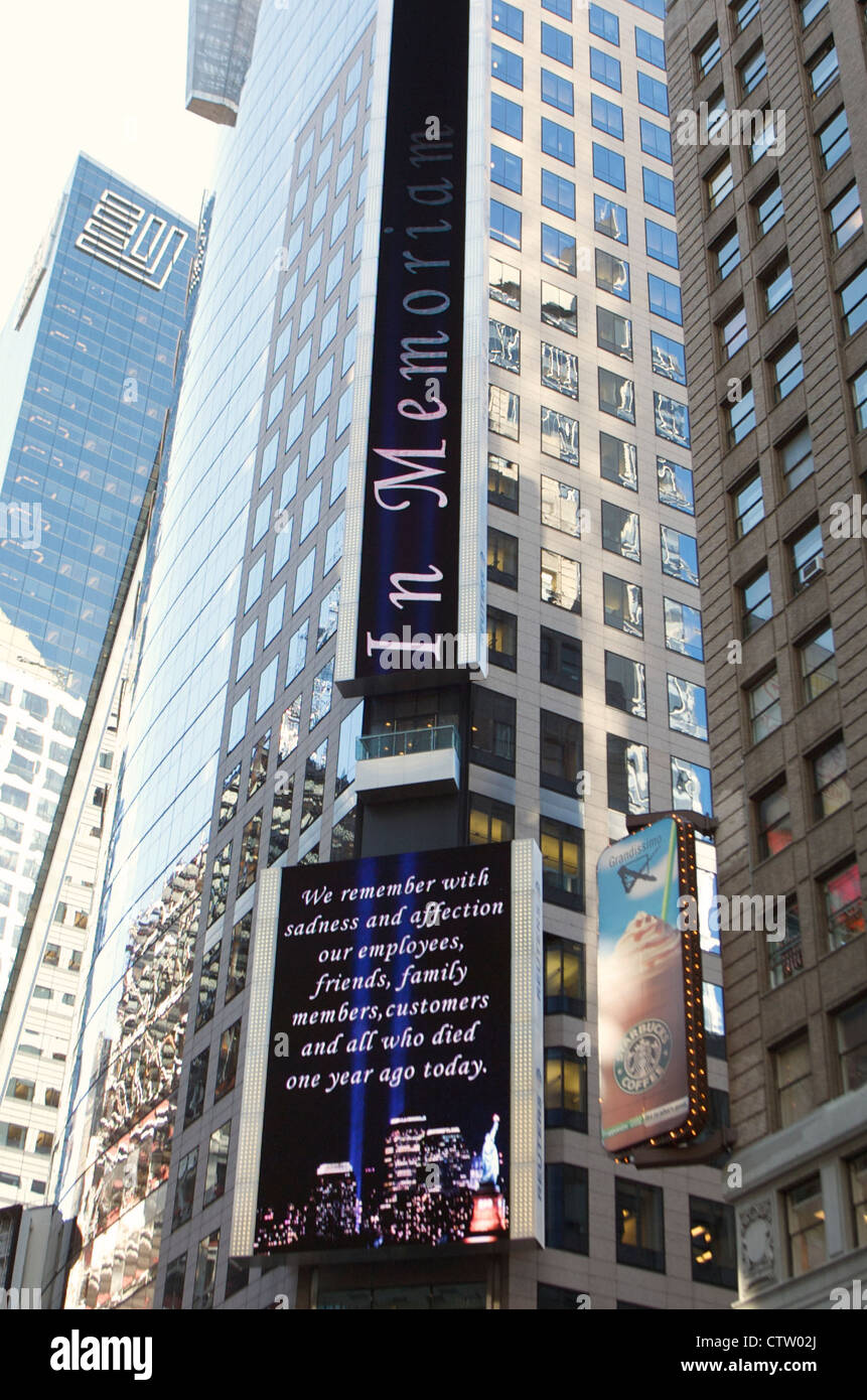 A September 11th memorial sign in Times Square during the one year ...