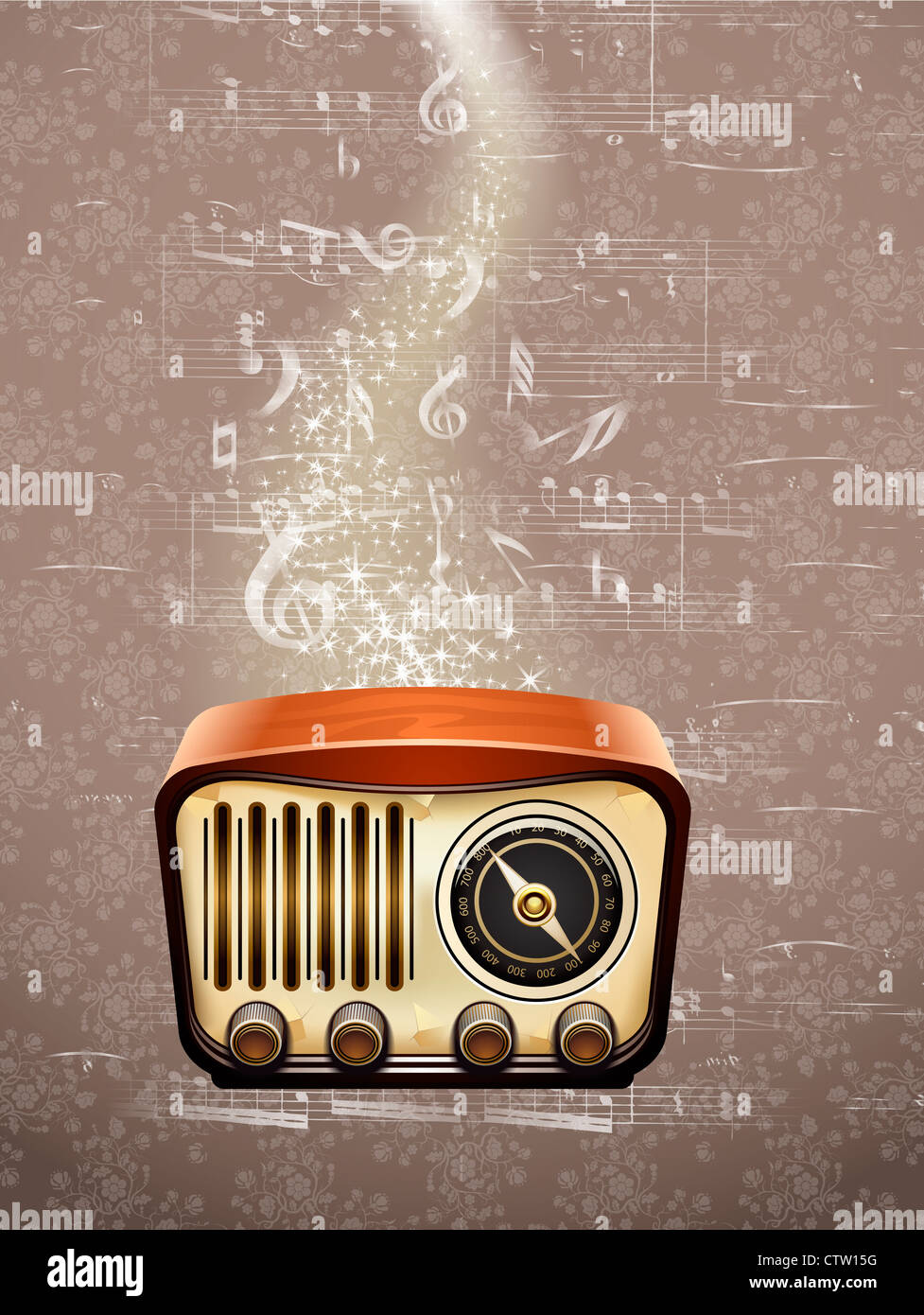 Retro radio on musical notes background Stock Photo - Alamy