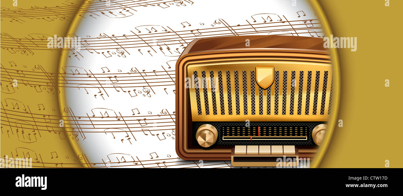 Retro radio on musical notes background Stock Photo - Alamy
