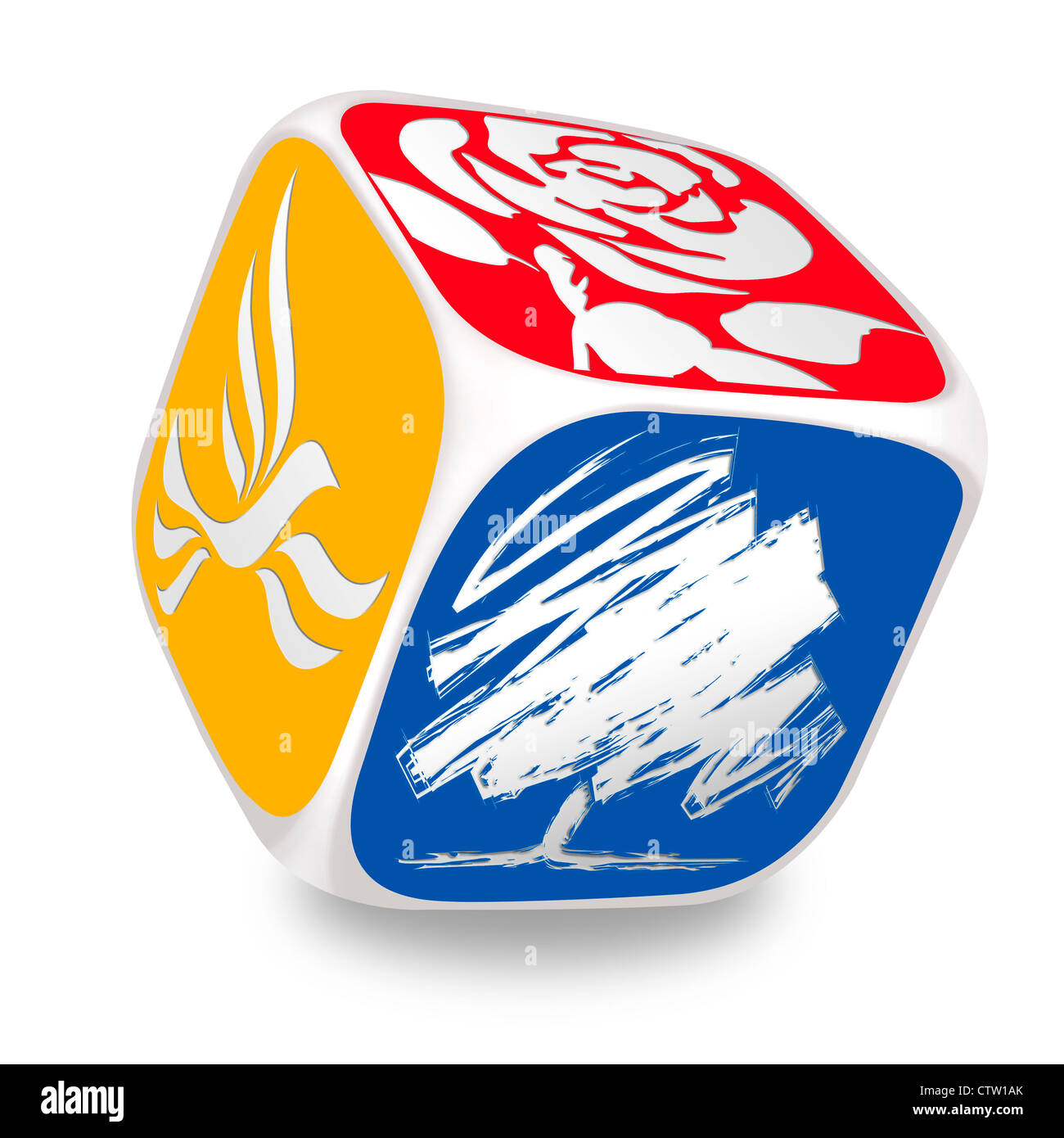Dice with the symbols of the main UK political parties on each Side ...