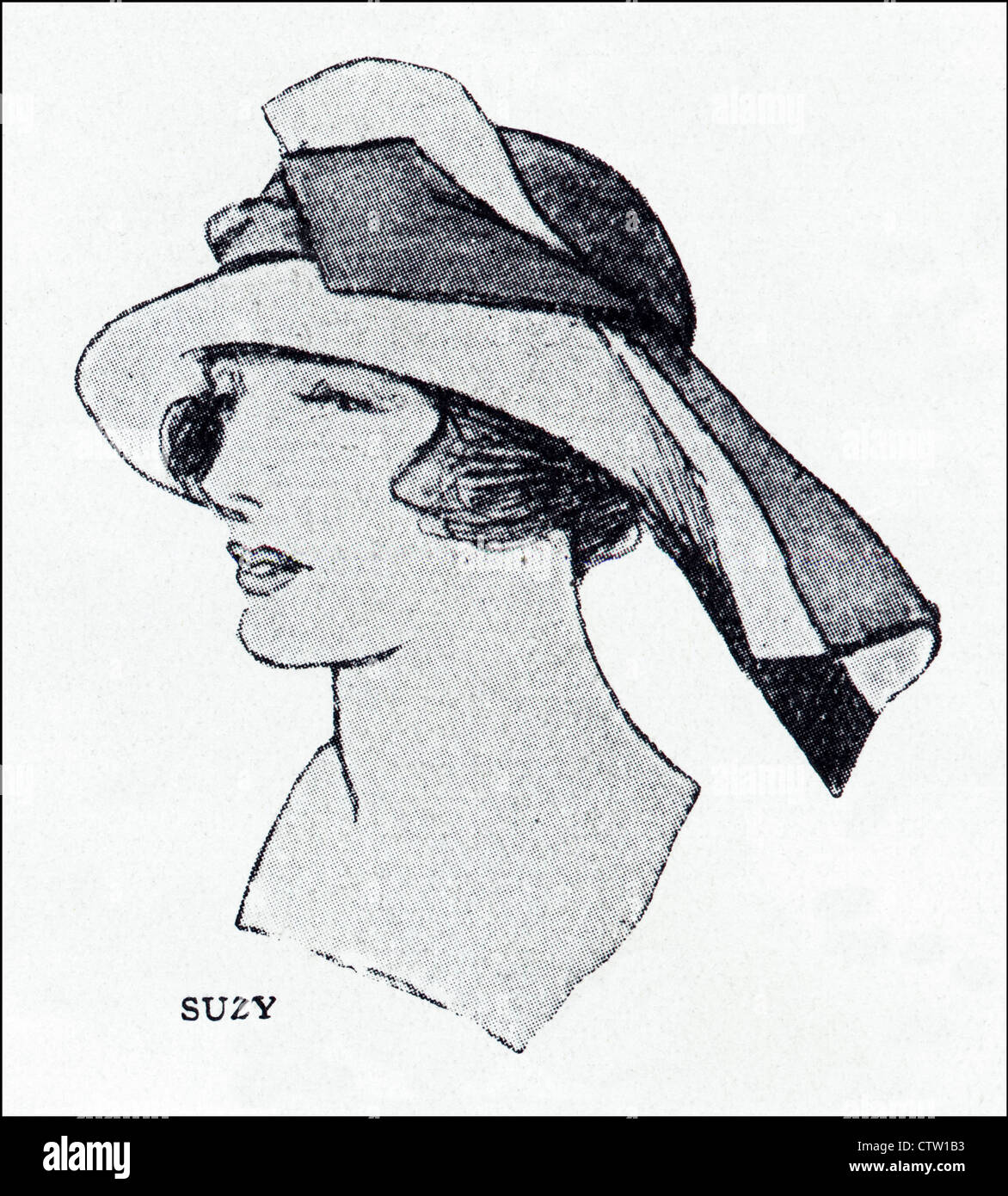 Illustration circa 1923. Paris fashion by designer SUZY black felt hat ...