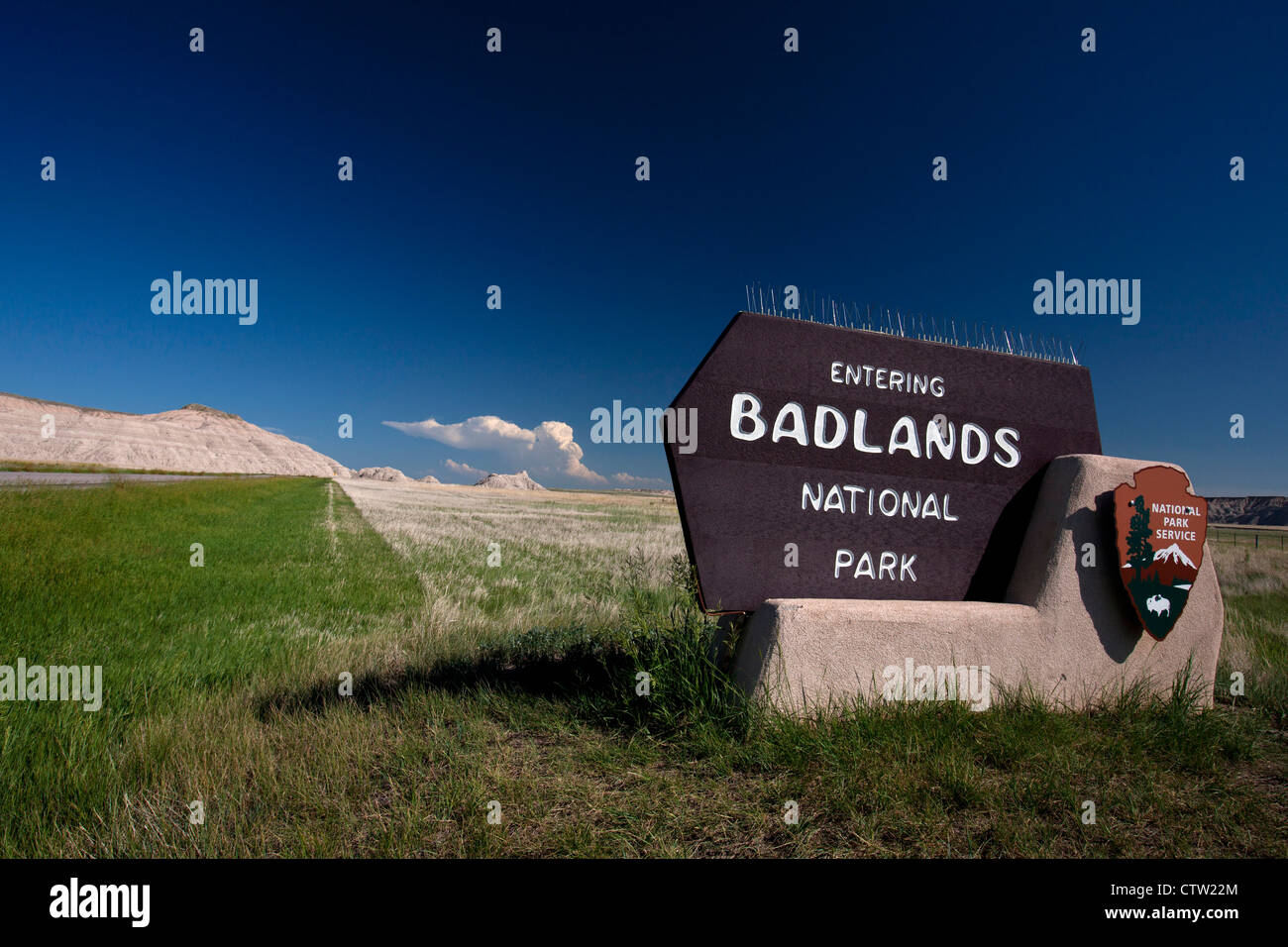 National Park Service welcome sign for Badlands National Park, South ...