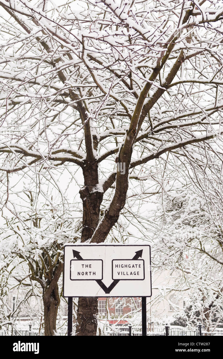 Road sign in Highgate, with snow-covered trees in the background Stock ...