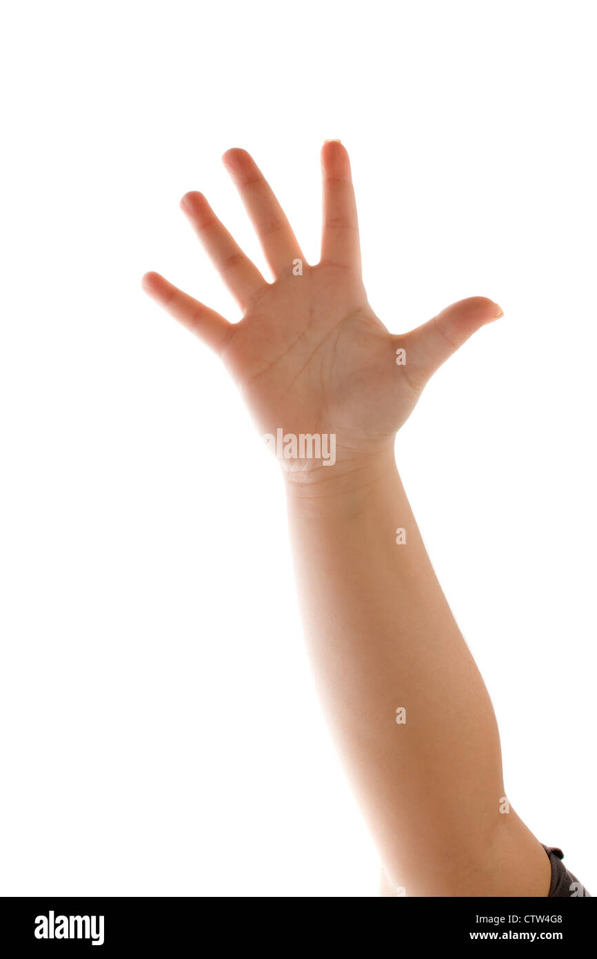 The palm of a human hand and forearm waving with five fingers extended ...