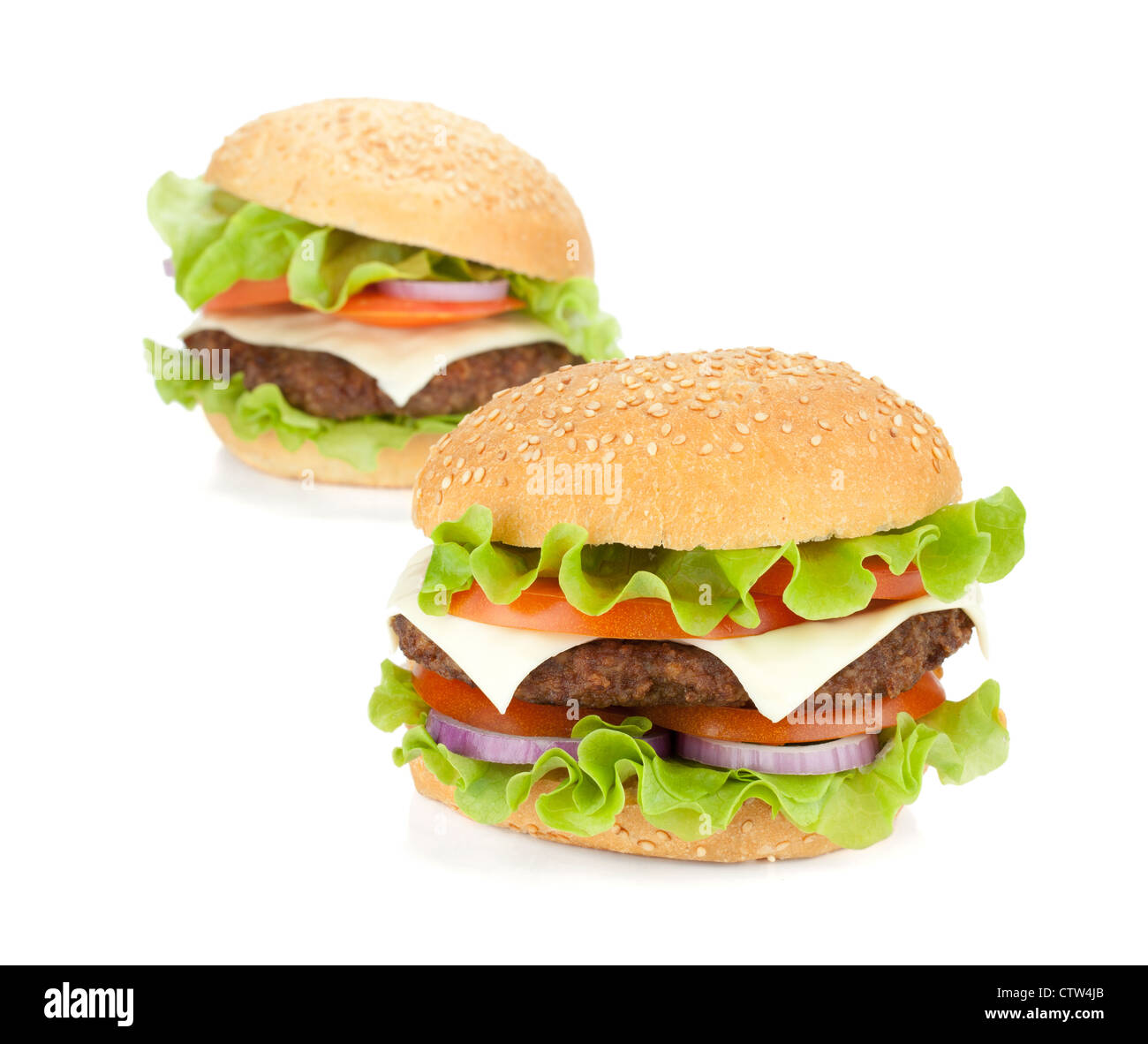 Two fresh burgers. Isolated on white background Stock Photo - Alamy