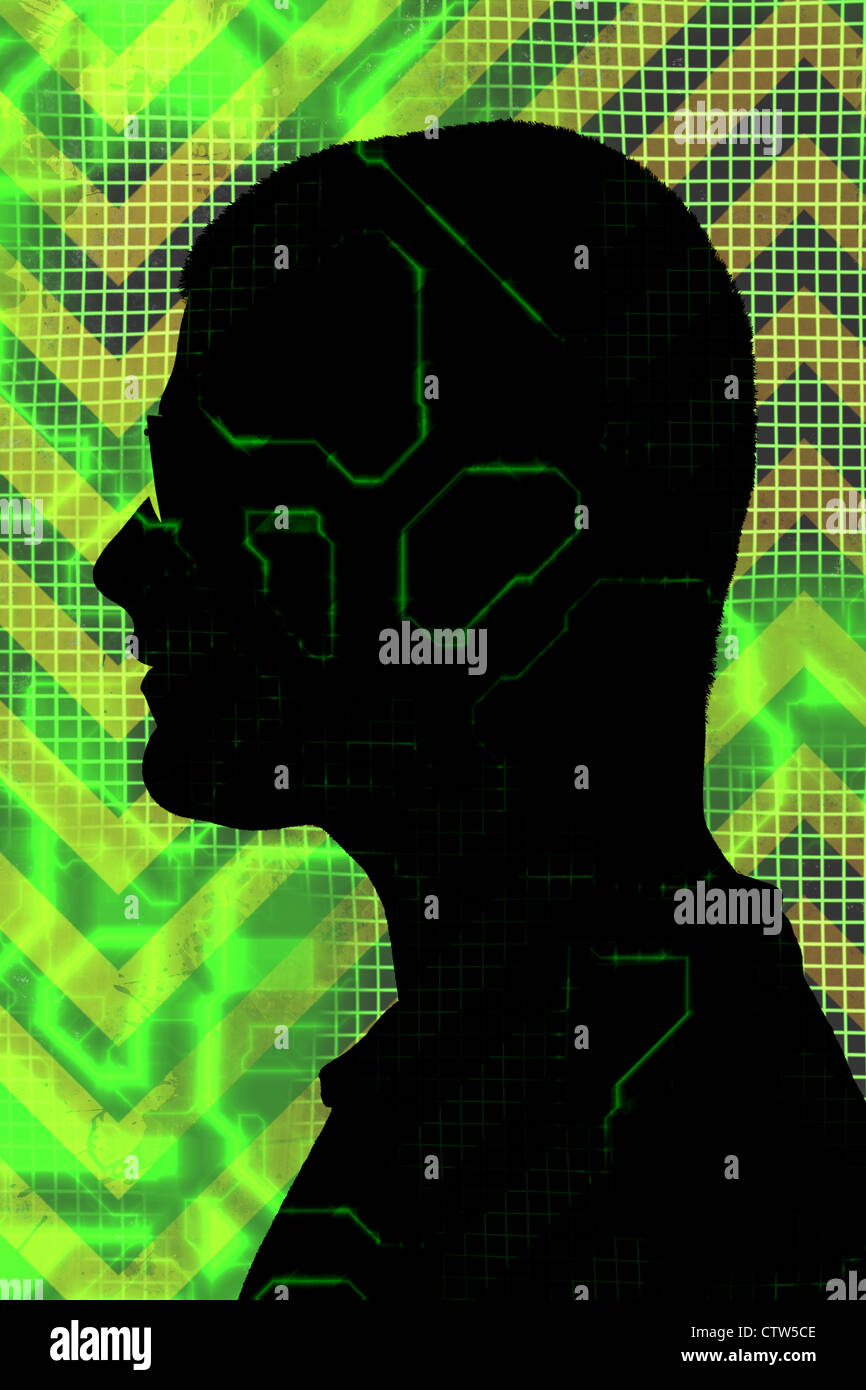Male profile silhouette overlayed with digital circuitry and green ...