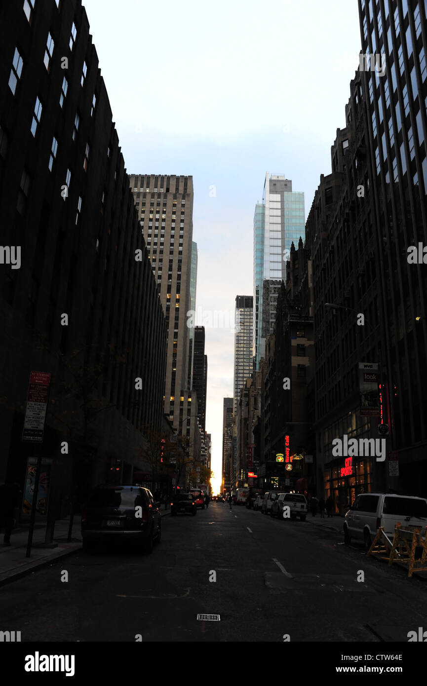 Dawn sunrise 'urban alley' portrait, red neon signs, parked cars, dark ...