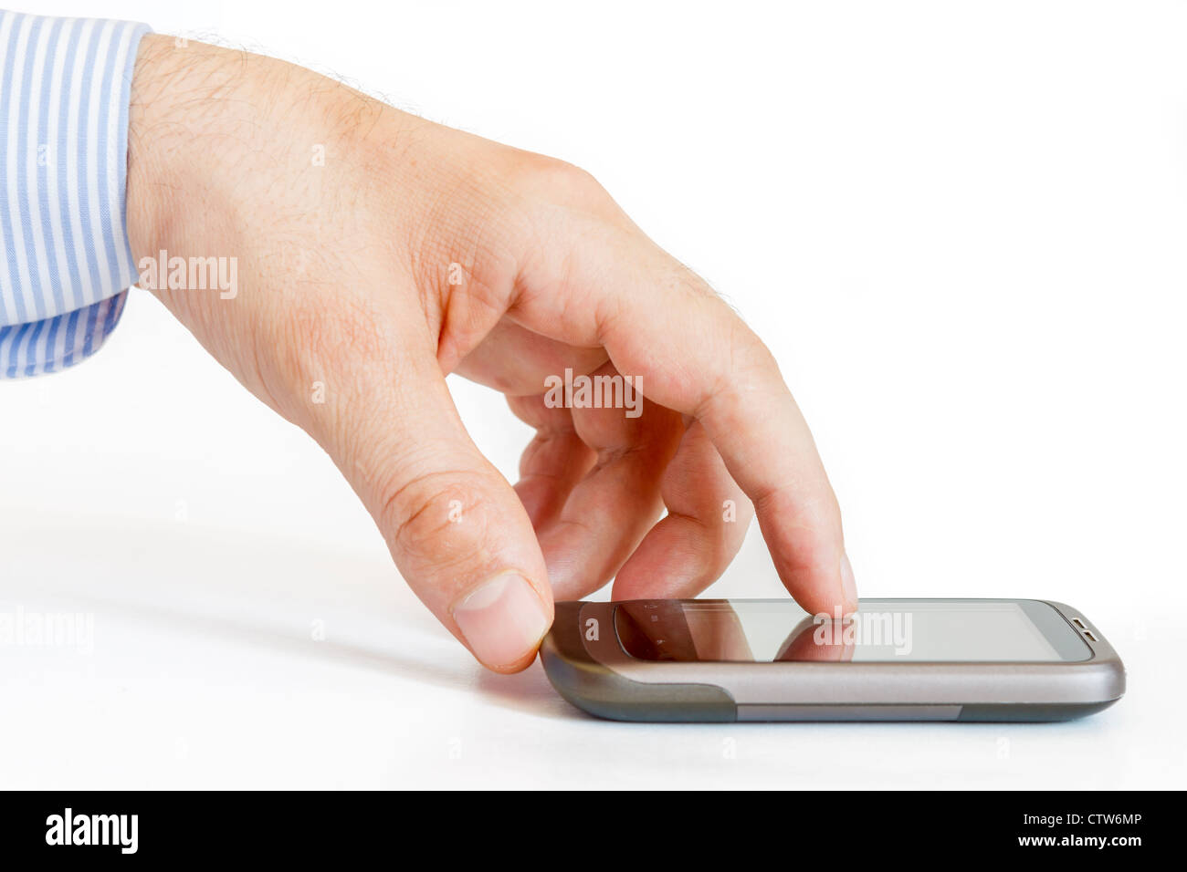 Man hands are pointing on touch screen device Stock Photo - Alamy