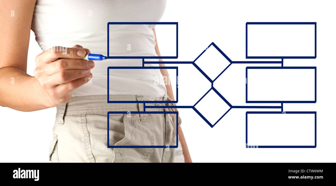 Woman drawing a blank flow chart diagram with blue marker isolated on ...