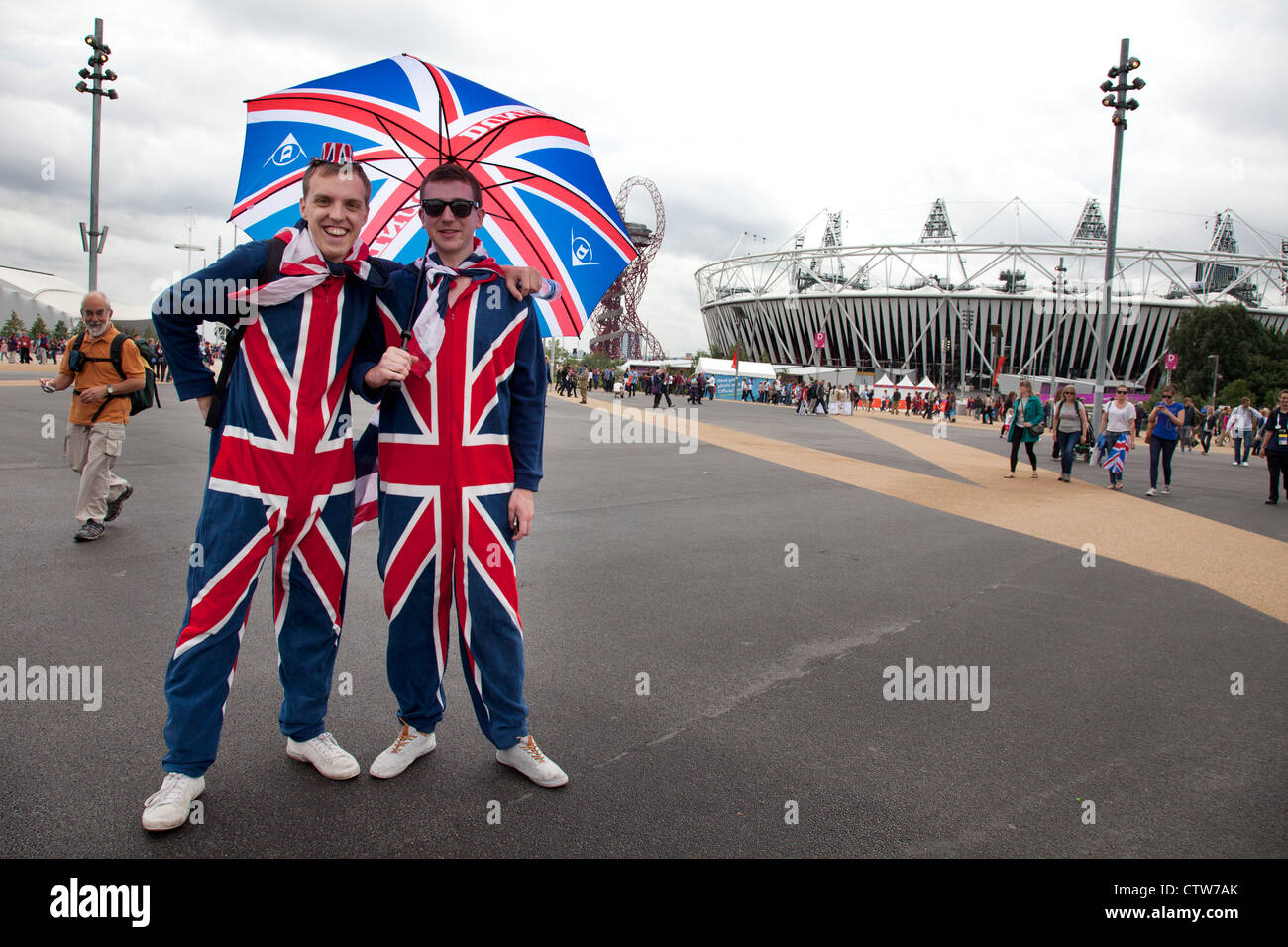London 2012 Olympic Park. British fans with union jack flags are ...