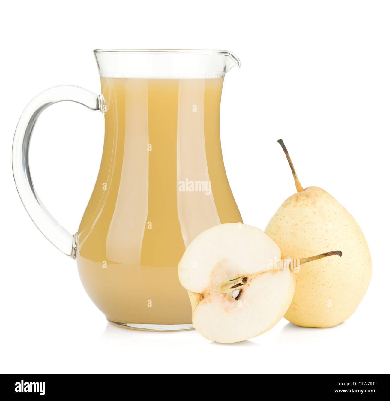 Jug of pear juice and ripe pears. Isolated on white background Stock ...