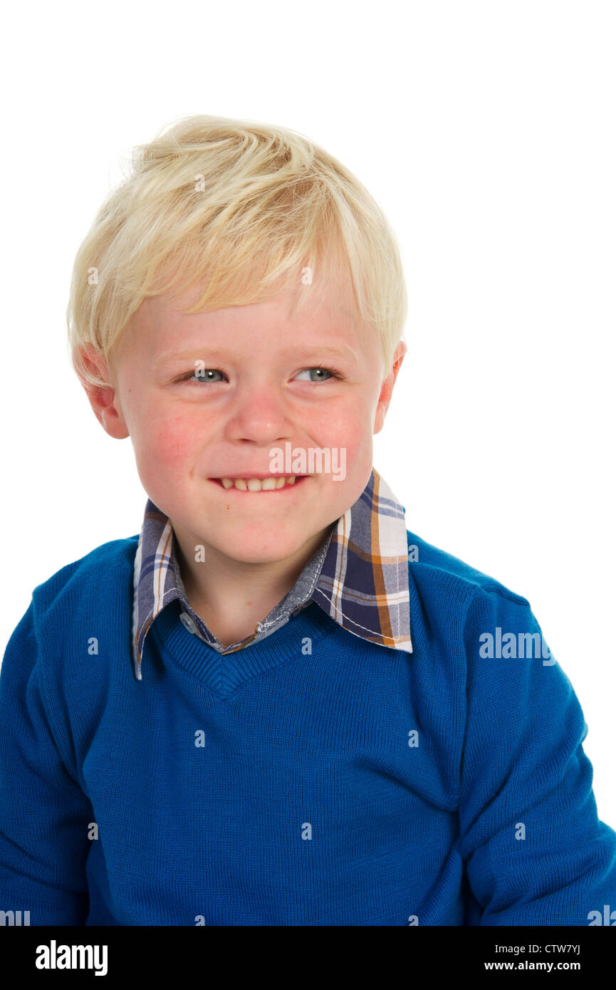 Portrait of a smiling little bold boy isolated over white background ...