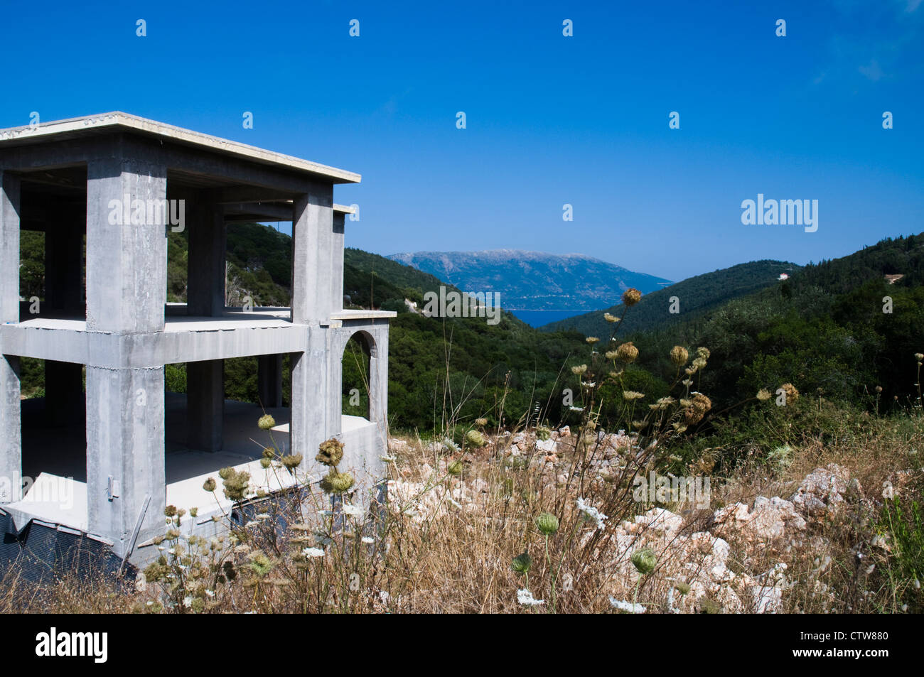A suspended house building project on the Greek Island of Kefalonia ...