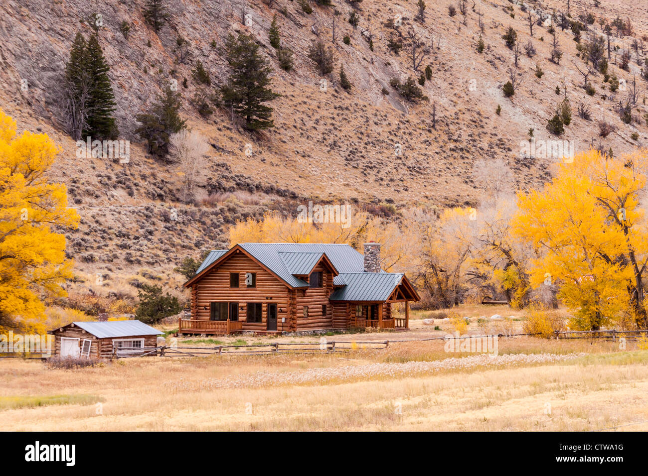 Autumn color and grasslands on ranch in Wyoming along scenic road US ...