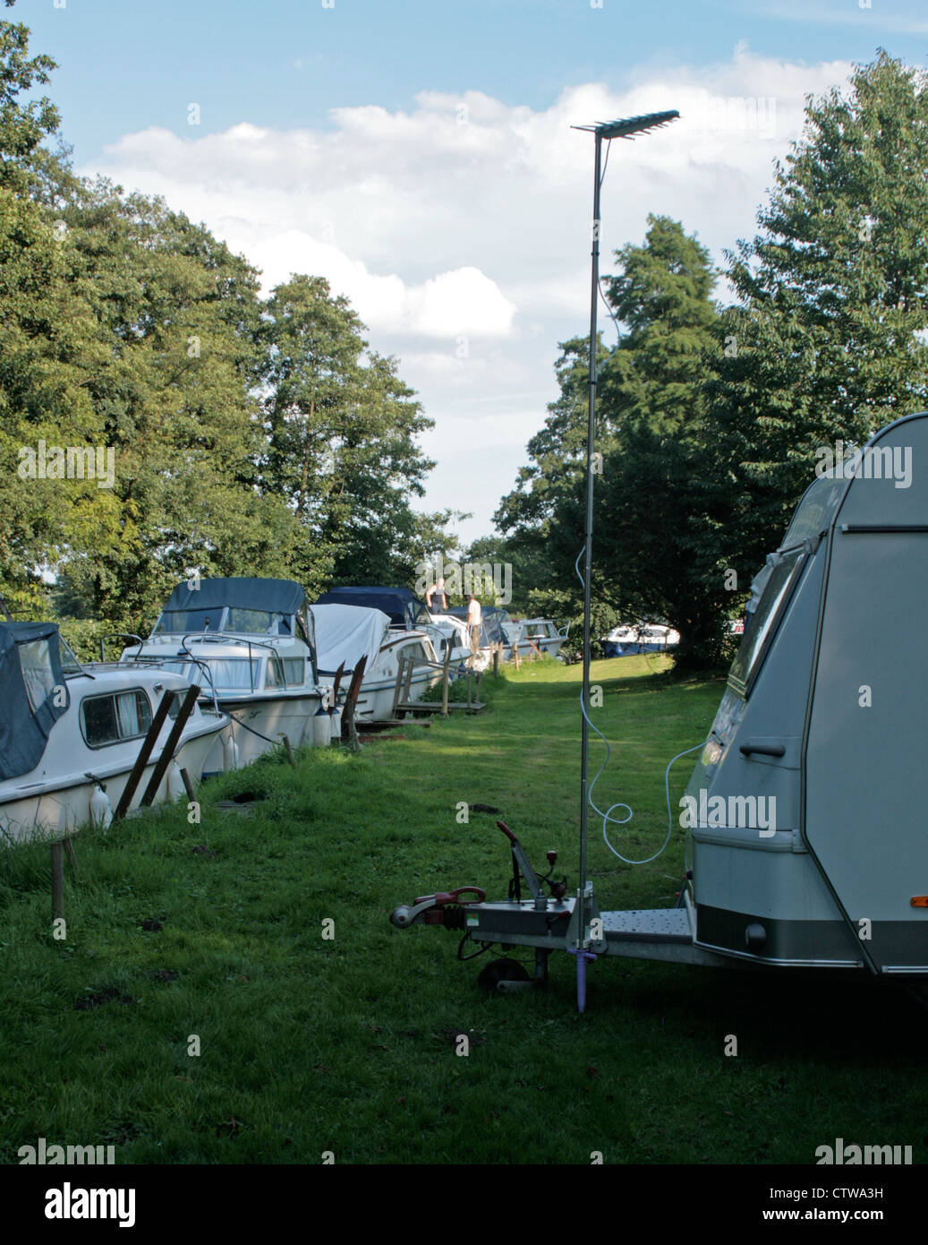 Caravan beside the River Waveney, at the Big Row Camping site ...