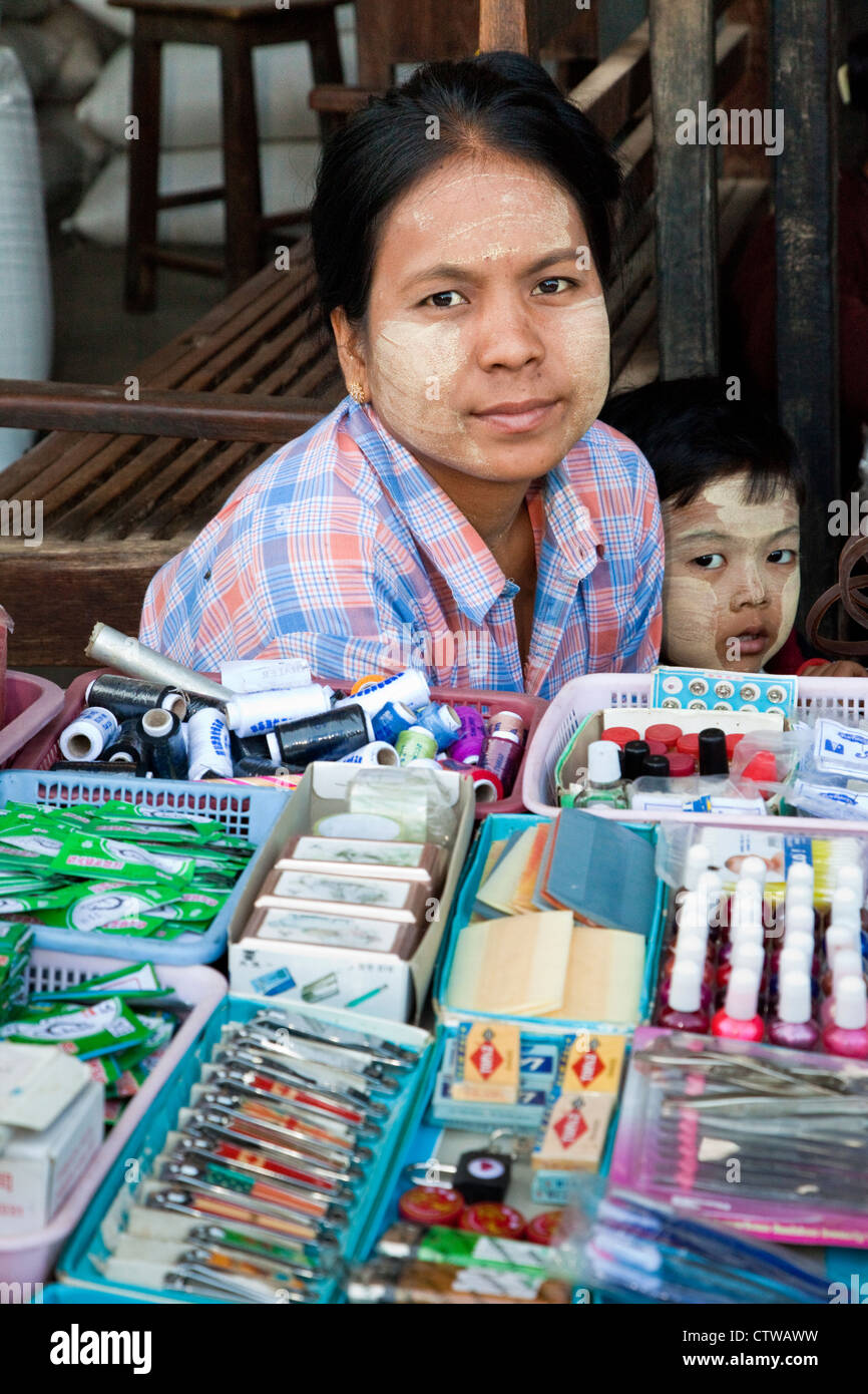 Myanmar, Burma. Burmese Woman and Son Wearing Thanaka Paste on their ...