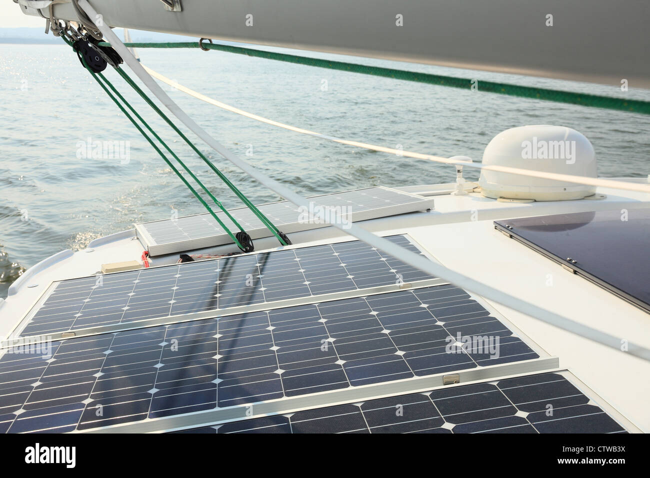 Solar charging batteries aboard a sail boat Photovoltaic panels energy ...