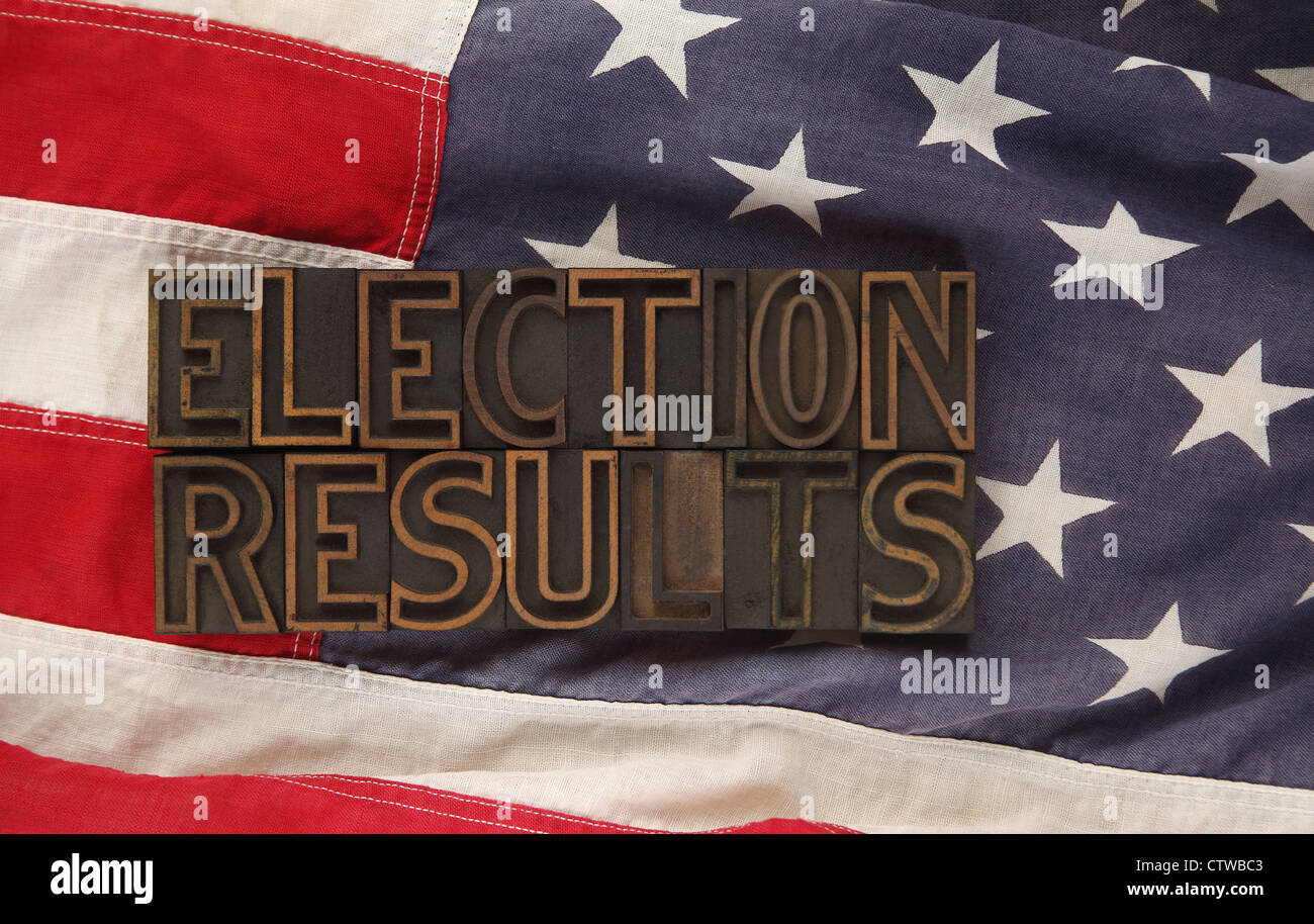 the words election results in old wood type on an American flag Stock ...