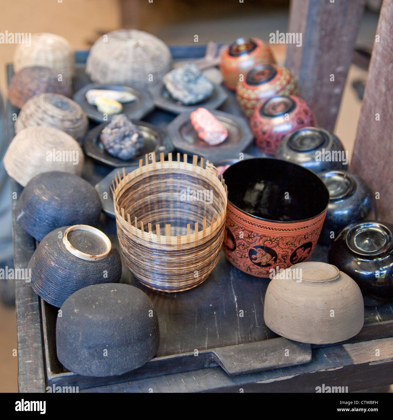 Myanmar, Burma. Bagan. Lacquerware Workshop. Samples Showing the Stages ...