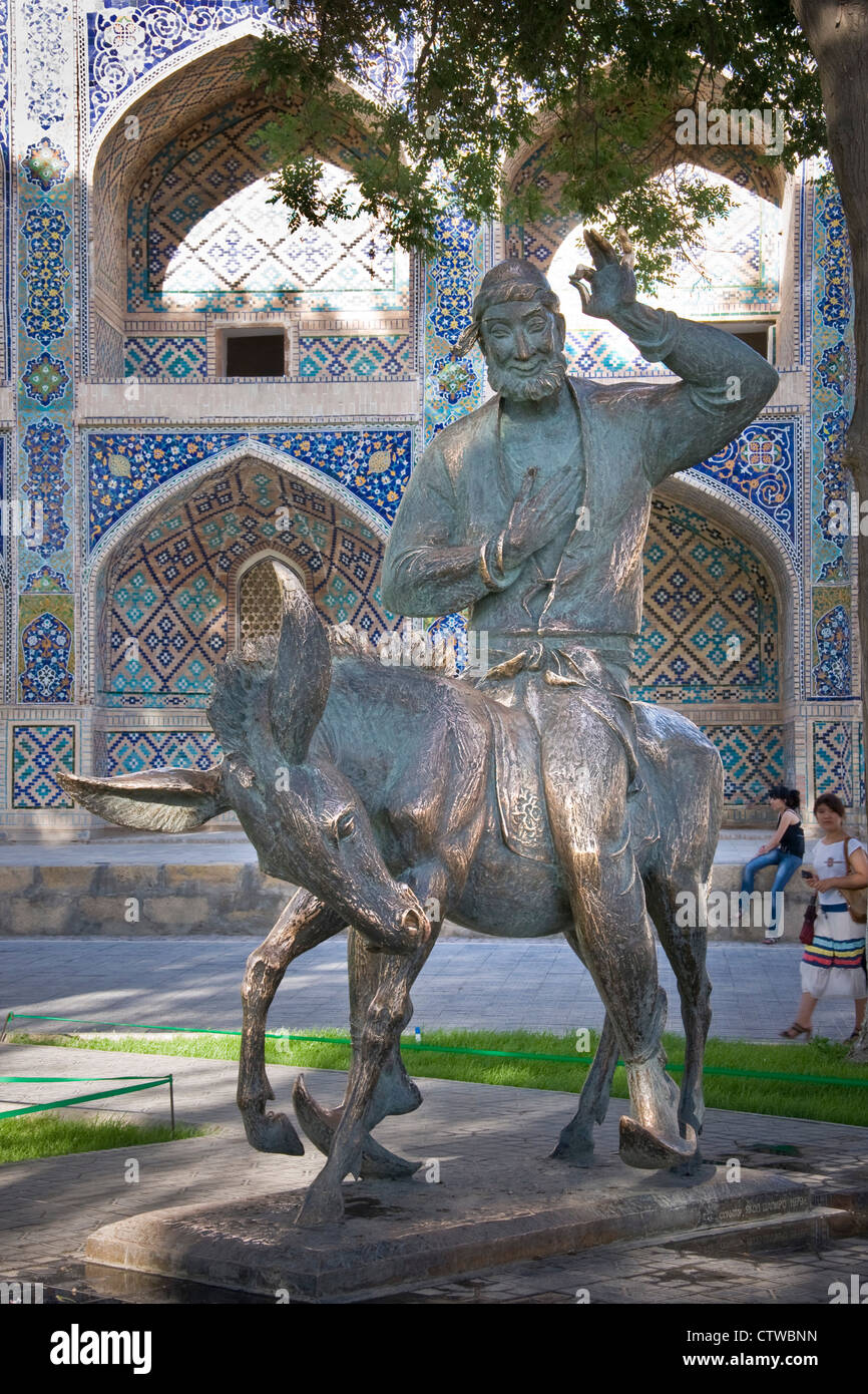 Uzbekistan, Bukhara, Statue of Mullah Hoja Nasruddin riding his donkey ...
