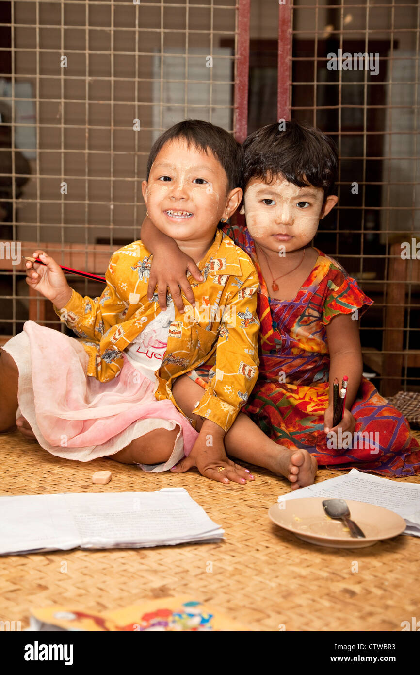 Myanmar, Burma. Bagan. Burmese Children, Two Girls. They are wearing ...