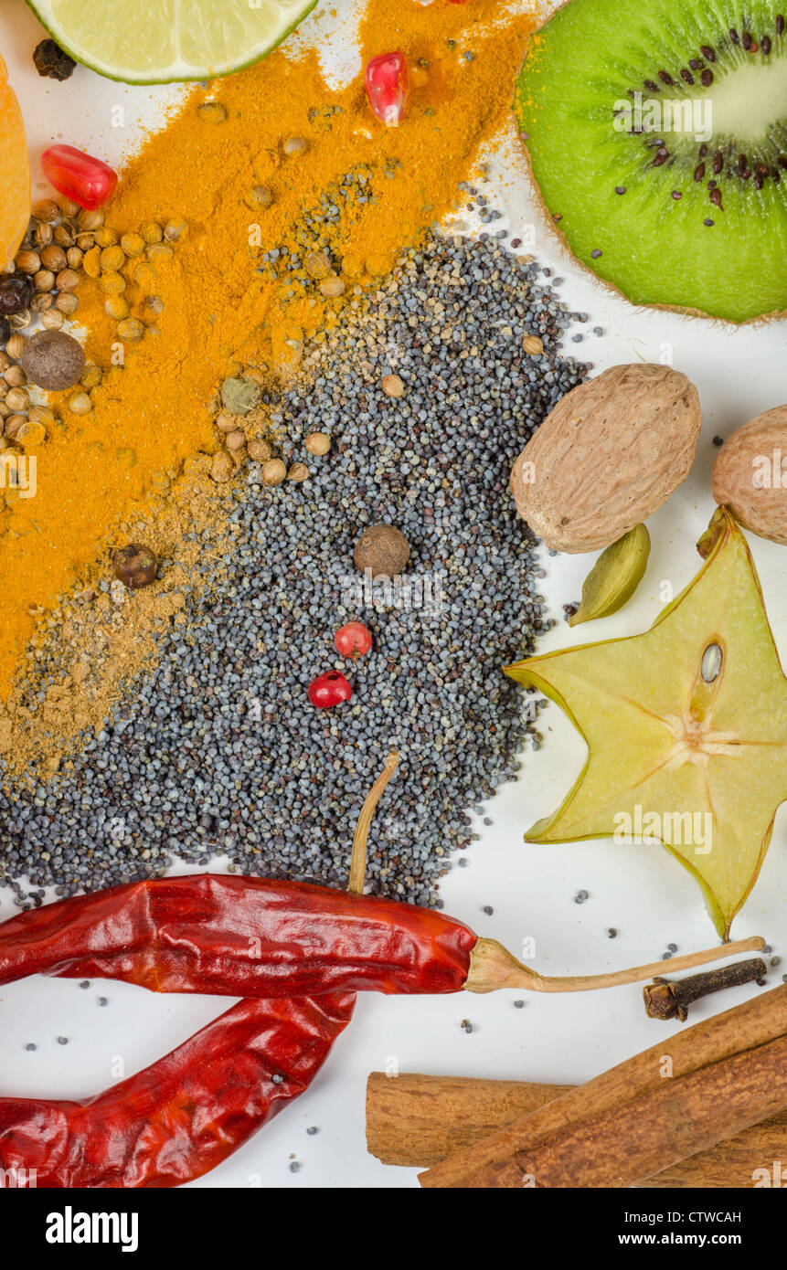 Colorful spices on a white background - beautiful kitchen image Stock ...