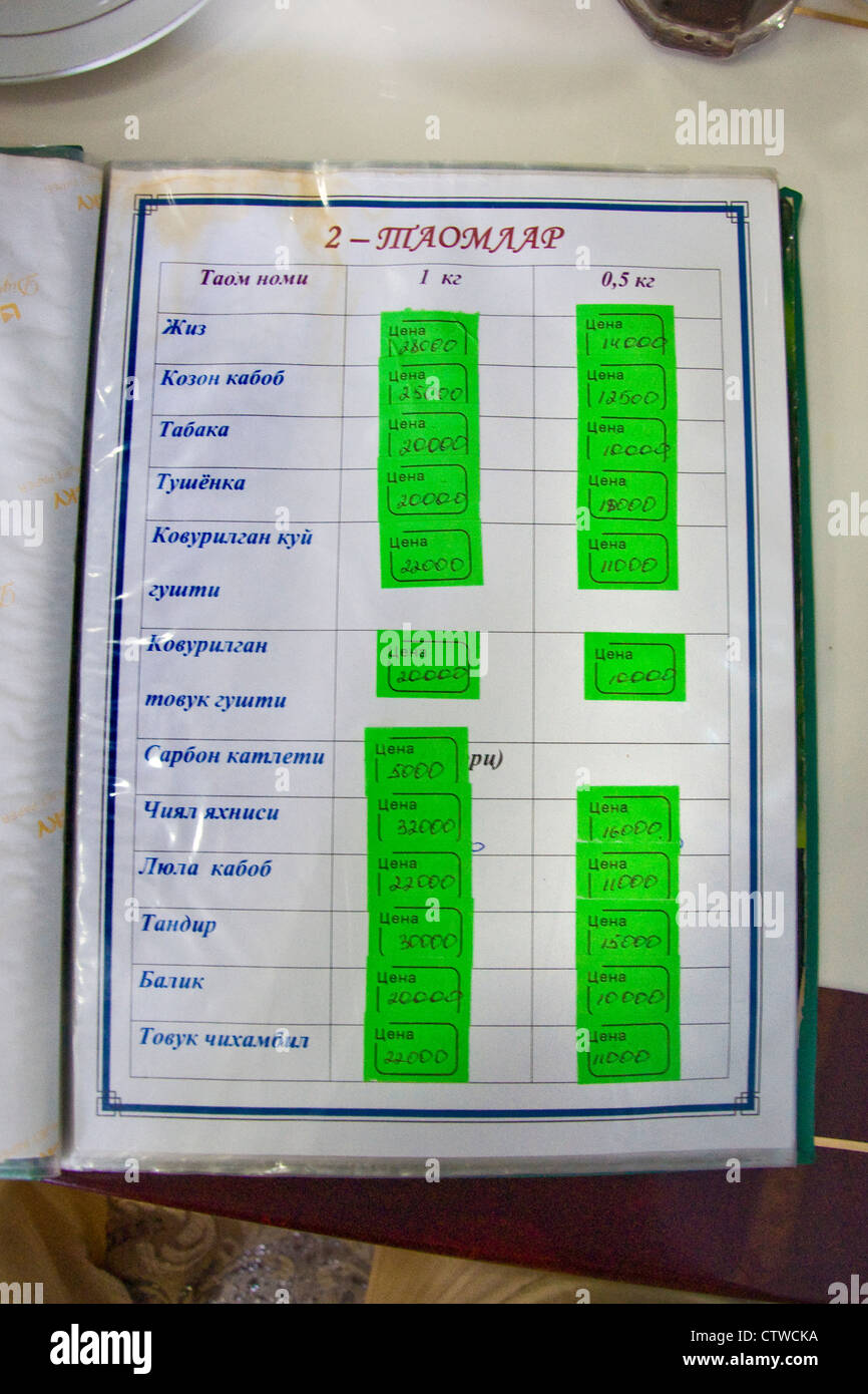 Uzbekistan, Shakhrisabz, Traditional restaurant; Russian menu Stock ...
