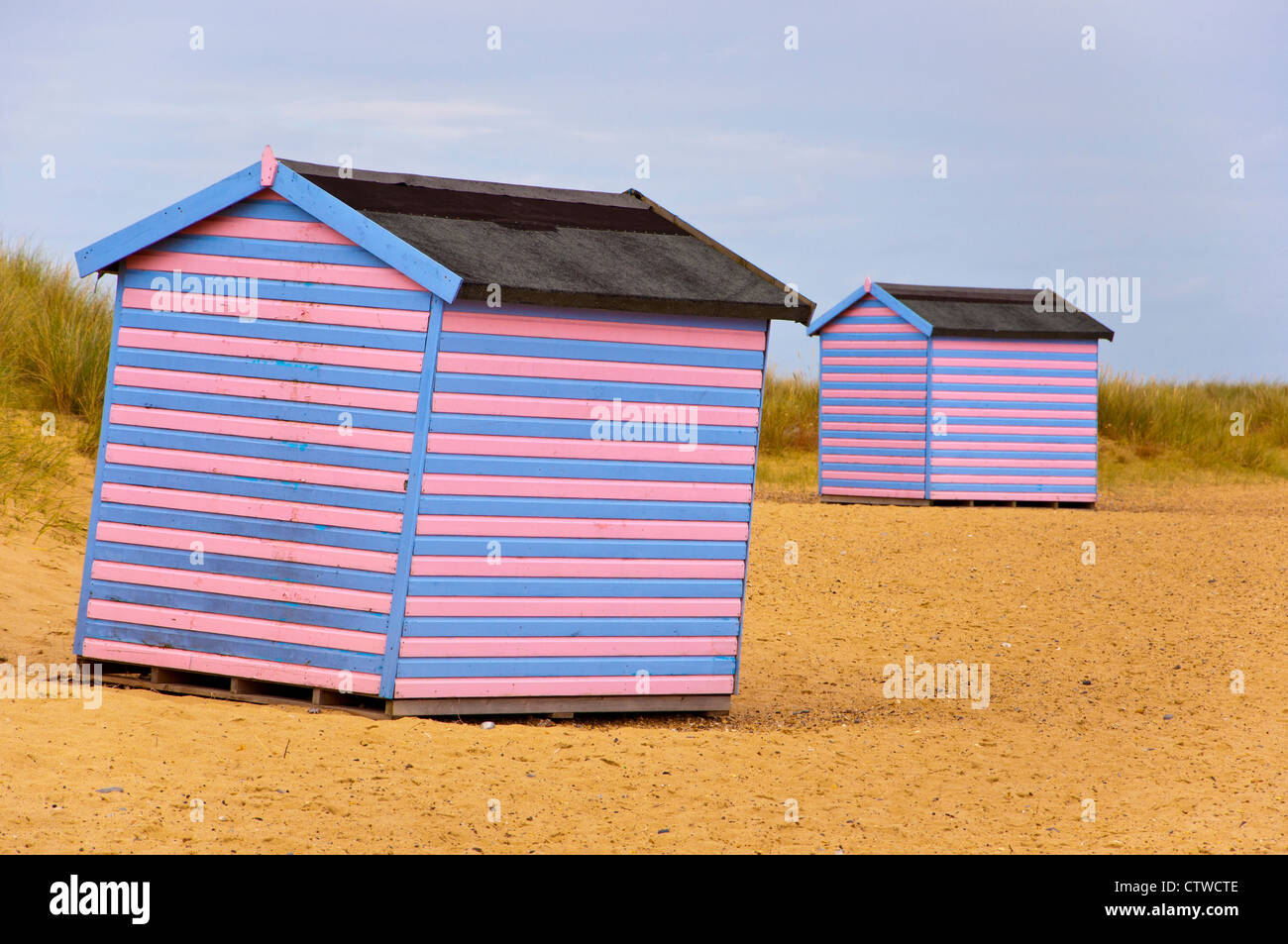 Isolated colourful beach huts on sand beach and dunes Stock Photo - Alamy