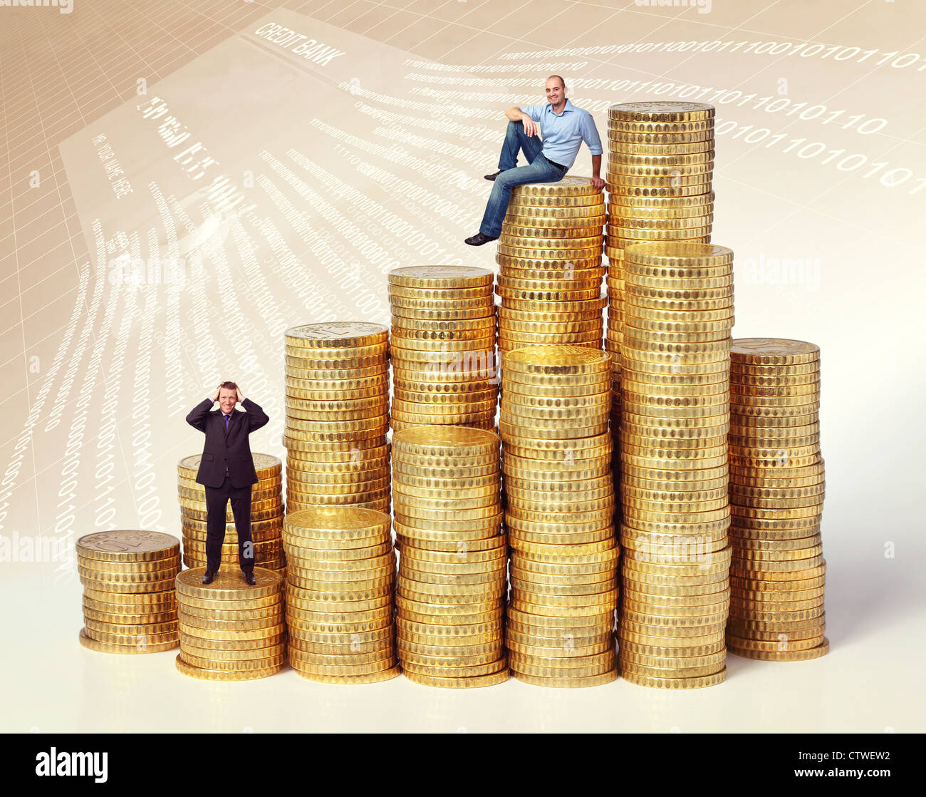 people on golden euro coin piles Stock Photo - Alamy