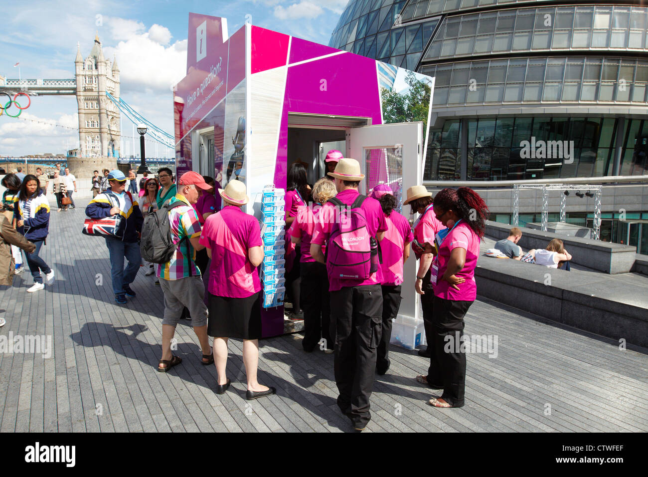 Olympic volunteers, known as Gamemakers, near City Hall during the 2012 ...