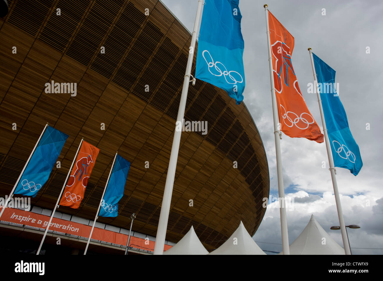 Exterior of the of the £105m Siberian Pine Velodrome curved roof during ...