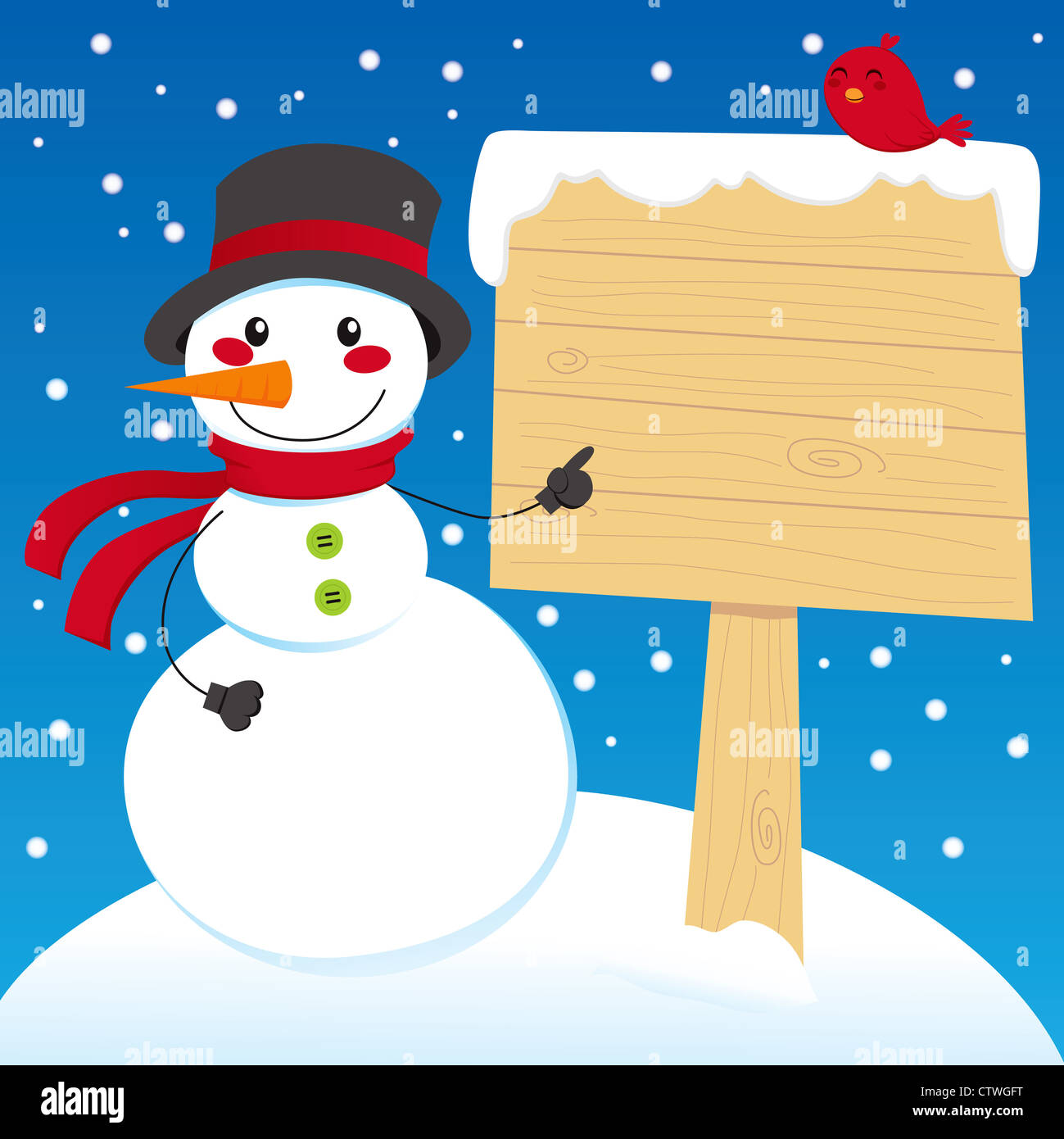 Snowman pointing to a blank wooden sign post Stock Photo - Alamy